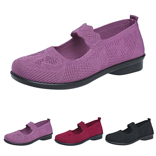 Fashion Spring and Summer Women Casual Shoes Flat Bottom Low Heel Round Toe Fly Woven Mesh Breathable Elastic Slip On Solid Color Womens Casual Sandals Heels (Purple, 6.5)