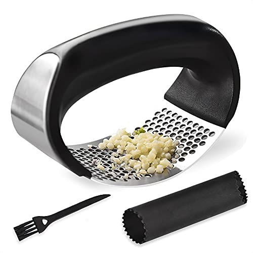 Cuisinly® - Garlic Press - Garlic Press Stainless Steel - Garlic Press Rocker - Garlic Chopper - Garlic Crusher - Garlic Mincer - With Free Silicone Garlic Peeler and Cleaning Brush