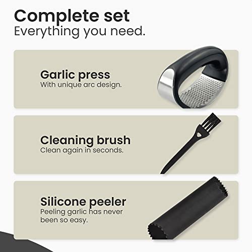 Cuisinly® - Garlic Press - Garlic Press Stainless Steel - Garlic Press Rocker - Garlic Chopper - Garlic Crusher - Garlic Mincer - With Free Silicone Garlic Peeler and Cleaning Brush