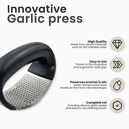 Cuisinly® - Garlic Press - Garlic Press Stainless Steel - Garlic Press Rocker - Garlic Chopper - Garlic Crusher - Garlic Mincer - With Free Silicone Garlic Peeler and Cleaning Brush