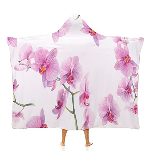 Contrence Watercolor Orchid Flowers Wearable Blanket Throw Hoodie Sleep Hooded Microfiber Sherpa Lightweight Fluffy 30X40 inch