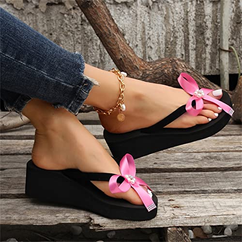 Chihuahua Slippers for Women Fashion Summer Women Slippers Thick Soles Wedge Heels Flip Flops Ribbon Pearl Bow Solid Beach Casual Style (Pink, 7.5)