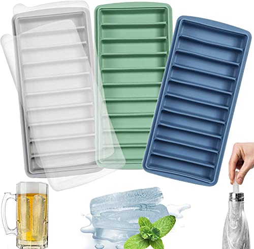 LessMo 3 PCS Ice Cube Tray, Long Ice Stick Tray Silicone with Lid, Rectangular Narrow Stick, Reusable, Flexible, Easy Release, for Small Mouth Sport Bottles, Juice Bottles, Cocktail Parties