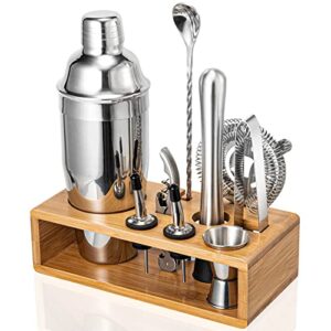 cocktail shaker set, mixology bartender kit 10-piece bar tool set with stylish bamboo stand, bar kit: matini shaker mixing spoon muddler jigger cocksrew for barware set