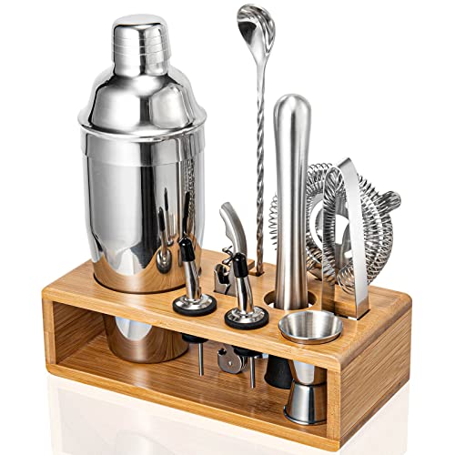 Cocktail Shaker Set, Mixology Bartender Kit 10-Piece Bar Tool Set with Stylish Bamboo Stand, Bar kit: Matini Shaker Mixing Spoon Muddler Jigger Cocksrew for Barware Set