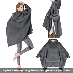 Tirrinia Oversized Hoodie Blanket Batwing Sleeve Sweatshirt Cozy Sherpa Huge Wearable Blankets Gift for Adults Women Teenagers Wife Girlfriend Grey