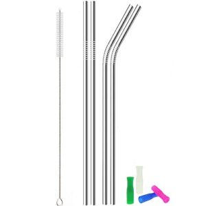 metal stainless steel straws, 4pcs 12" ultra long reusable metal drinking straws with cleaning brush and silicone tips for tall tumblers