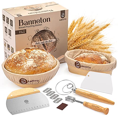 Banneton Bread Proofing Basket Set of 2 with Sourdough Bread Baking Supplies - A Complete Bread Making Kit Including 9" Proofing Baskets, Danish Whisk, Bowl Scraper, Dough Scraper, & Bread Lame