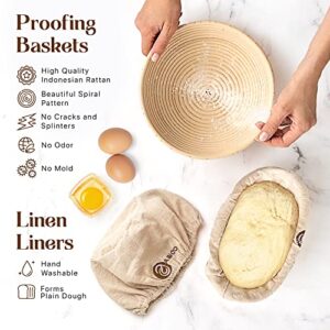 Banneton Bread Proofing Basket Set of 2 with Sourdough Bread Baking Supplies - A Complete Bread Making Kit Including 9" Proofing Baskets, Danish Whisk, Bowl Scraper, Dough Scraper, & Bread Lame