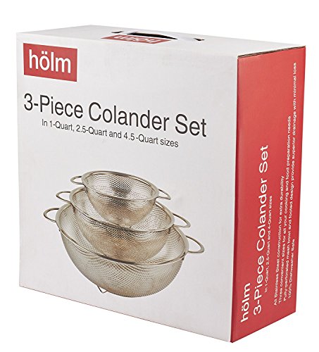 HÖLM 3-Piece Stainless Steel Mesh Micro-Perforated Strainer Colander Set (1-Quart, 2.5-Quart and 4.5-Quart)