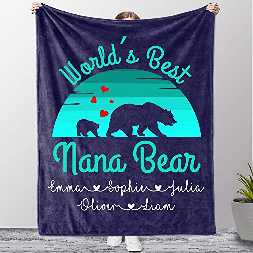 Personalized Grandma with Grandkids Names Blanket Worl's Best Nana Bear Blanket Gift for Grandma from Grandkids Grandma Funny Blanket Customized Grandkids Name Blanket for Birthday Mothers Day