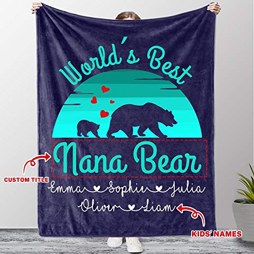 Personalized Grandma with Grandkids Names Blanket Worl's Best Nana Bear Blanket Gift for Grandma from Grandkids Grandma Funny Blanket Customized Grandkids Name Blanket for Birthday Mothers Day