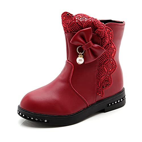 Lykmera Shoes Kids Knot Toddler Infant Princess Boots Fashion Leather Shoes Toddler Girls Winter Boots Shoes Ankle Boots (Wine, 9.5-10 Years Big Kids)