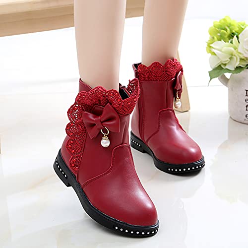 Lykmera Shoes Kids Knot Toddler Infant Princess Boots Fashion Leather Shoes Toddler Girls Winter Boots Shoes Ankle Boots (Wine, 9.5-10 Years Big Kids)