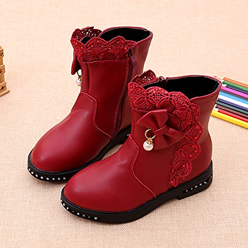 Lykmera Shoes Kids Knot Toddler Infant Princess Boots Fashion Leather Shoes Toddler Girls Winter Boots Shoes Ankle Boots (Wine, 9.5-10 Years Big Kids)