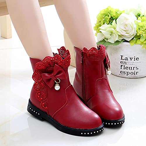 Lykmera Shoes Kids Knot Toddler Infant Princess Boots Fashion Leather Shoes Toddler Girls Winter Boots Shoes Ankle Boots (Wine, 9.5-10 Years Big Kids)