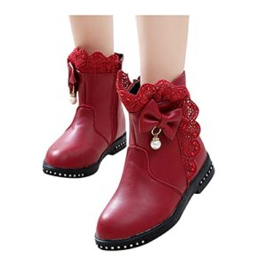 Lykmera Shoes Kids Knot Toddler Infant Princess Boots Fashion Leather Shoes Toddler Girls Winter Boots Shoes Ankle Boots (Wine, 9.5-10 Years Big Kids)