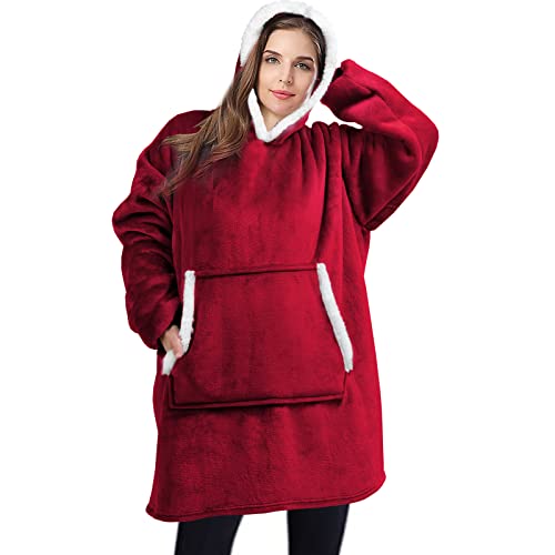 Dolloly Wearable Blanket Hoodie Super Soft Cozy Unisex Sherpa Blanket, Oversized Sweatshirt Wine Red One Size