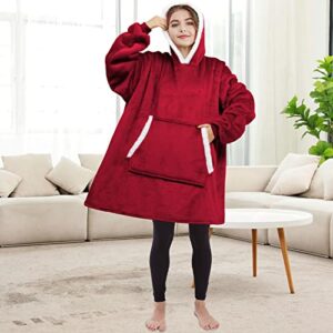 Dolloly Wearable Blanket Hoodie Super Soft Cozy Unisex Sherpa Blanket, Oversized Sweatshirt Wine Red One Size