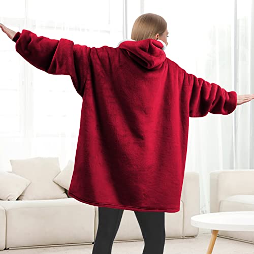 Dolloly Wearable Blanket Hoodie Super Soft Cozy Unisex Sherpa Blanket, Oversized Sweatshirt Wine Red One Size