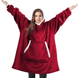 Dolloly Wearable Blanket Hoodie Super Soft Cozy Unisex Sherpa Blanket, Oversized Sweatshirt Wine Red One Size