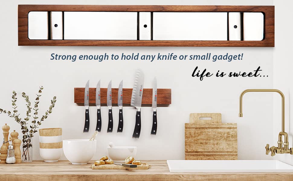 Durable Magnetic Knife Holder For Wall- 16 Inch Genuine Walnut Wood Knife Magnetic Strip With Ultra Strong Magnetic Block For Secure Storage- Kitchen Wall Knife Bar Organizer Rack- Easy Installation