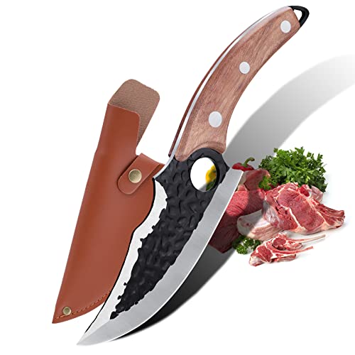 Hand Forged Chef Knife,6 Inch Viking Knife Butcher Boning Knife With Leather Sheath,Handmade Japanese Steel Kitchen Chef Knife,Meat Vegetable Cutting Knife ,Caveman Knife for Camping&Outdoor