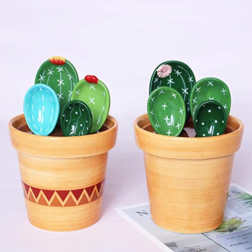 Sizikato 4pcs Porcelain Measuring Spoons with Base, Cute Cactus Shape