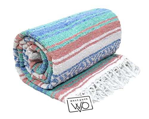 Open Road Goods Light Teal and Coral Mexican Blanket - Authentic Mexican Flasa - Great Yoga Blanket, Beach Blanket, Picnic Blanket, or Mexican Throw! Handwoven