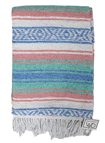 Open Road Goods Light Teal and Coral Mexican Blanket - Authentic Mexican Flasa - Great Yoga Blanket, Beach Blanket, Picnic Blanket, or Mexican Throw! Handwoven