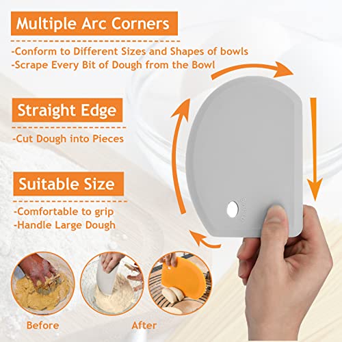 Silicone Dough Scraper with Stainless Steel Sheet, Curved Edge Flexible Bowl Scraper for Baking, Food Grade Silicone Bench Scraper for Sourdough Bread Proofing Basket, Set of 2, Gray & Orange,SAPID