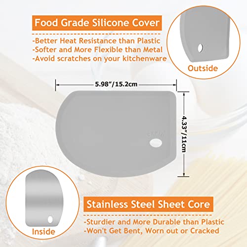 Silicone Dough Scraper with Stainless Steel Sheet, Curved Edge Flexible Bowl Scraper for Baking, Food Grade Silicone Bench Scraper for Sourdough Bread Proofing Basket, Set of 2, Gray & Orange,SAPID