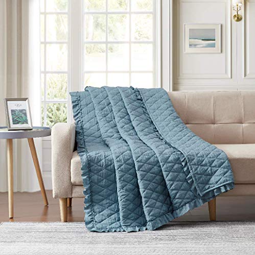 BOURINA Quilted Throw Blanket with Ruffles Pre-Washed Microfiber Ultra Soft Cozy Lightweight for Couch Bed Sofa Throw Blankets,Blue,60"x80"