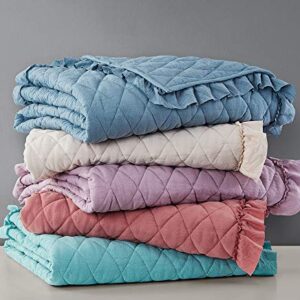 BOURINA Quilted Throw Blanket with Ruffles Pre-Washed Microfiber Ultra Soft Cozy Lightweight for Couch Bed Sofa Throw Blankets,Blue,60"x80"