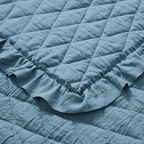 BOURINA Quilted Throw Blanket with Ruffles Pre-Washed Microfiber Ultra Soft Cozy Lightweight for Couch Bed Sofa Throw Blankets,Blue,60"x80"