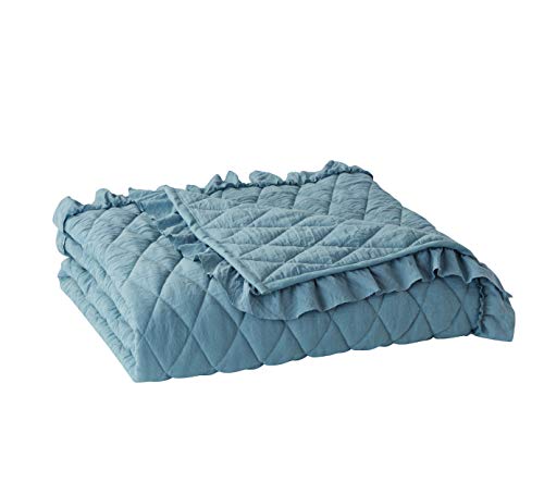 BOURINA Quilted Throw Blanket with Ruffles Pre-Washed Microfiber Ultra Soft Cozy Lightweight for Couch Bed Sofa Throw Blankets,Blue,60"x80"