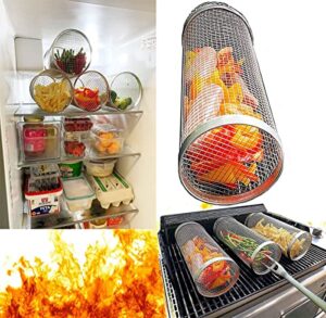 rolling grilling basket - rolling grilling basket for outdoor grilling, round stainless steel grilling mesh, camping grill for grilling meat, vegetables, chips, fish - multipurpose grilling accessories (1 piece)