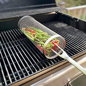 Rolling Grilling Basket - Rolling Grilling Basket for Outdoor Grilling, Round Stainless Steel Grilling Mesh, Camping Grill for Grilling Meat, Vegetables, Chips, Fish - Multipurpose Grilling Accessories (1 Piece)