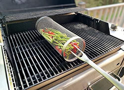 Rolling Grilling Basket - Rolling Grilling Basket for Outdoor Grilling, Round Stainless Steel Grilling Mesh, Camping Grill for Grilling Meat, Vegetables, Chips, Fish - Multipurpose Grilling Accessories (1 Piece)