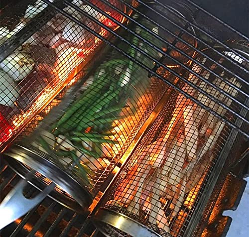 Rolling Grilling Basket - Rolling Grilling Basket for Outdoor Grilling, Round Stainless Steel Grilling Mesh, Camping Grill for Grilling Meat, Vegetables, Chips, Fish - Multipurpose Grilling Accessories (1 Piece)