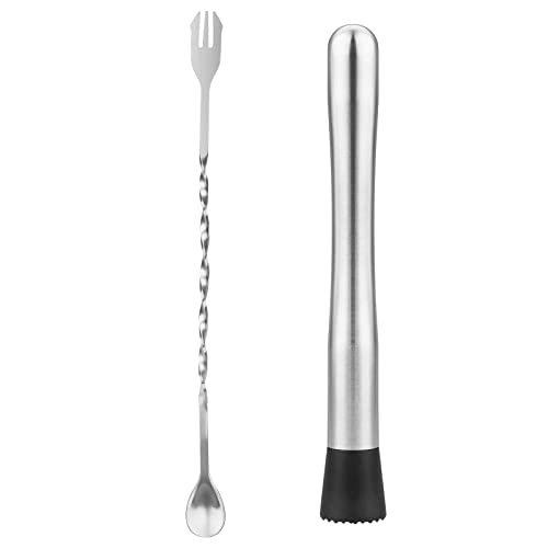 tifanso Muddler for Cocktails, 10" Muddler and Bar Spoon Cocktail Mixing Spoon, Stainless Steel Cocktail Muddler Stirrer, Cocktail Spoon Long Handle, Bar Accessories Tools for Mojitos Fruit Drinks