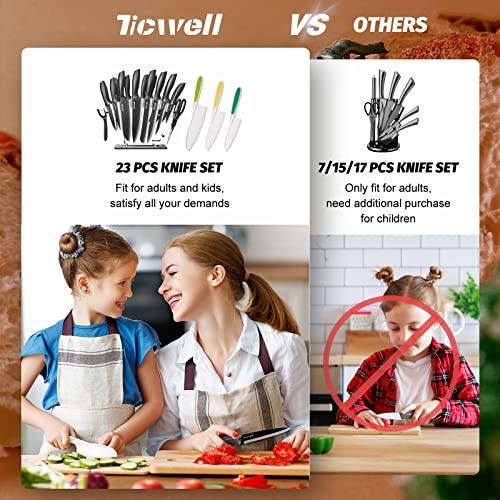 TICWELL Knife Set, 23 Pieces German Stainless Kitchen Knife Block Sets Include 3 PCS Toddler Kitchen Accessories,Black