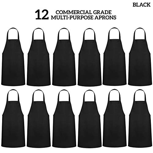 GREEN LIFESTYLE 12 Pack Bib Apron - Unisex Black Aprons, Machine Washable Aprons for Men and Women, Kitchen Cooking BBQ Aprons Bulk (Pack of 12, No Pockets, Black)