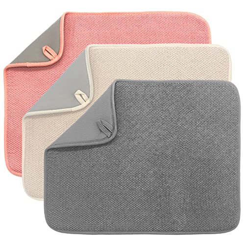 Microfiber Dish Drying Mat,Ultra Absorbent Drying Mat for Kitchen Counter,Dishes Drainer Pads 3 Pack,Large Size 20''X 15''(Beige/Grey/Pink)