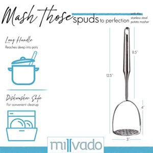 Millvado Potato Masher Stainless Steel, Best Mashed Potatoes Masher Kitchen Tool, Potato Smasher For Potatoe, Avocado, Sweet Potato, Beans, Large Heavy Duty Metal Mashing Utensil, 12.5 Inch