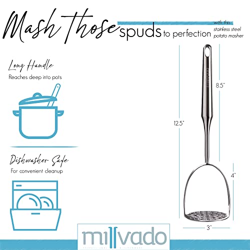 Millvado Potato Masher Stainless Steel, Best Mashed Potatoes Masher Kitchen Tool, Potato Smasher For Potatoe, Avocado, Sweet Potato, Beans, Large Heavy Duty Metal Mashing Utensil, 12.5 Inch