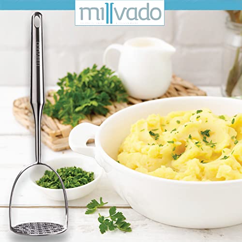 Millvado Potato Masher Stainless Steel, Best Mashed Potatoes Masher Kitchen Tool, Potato Smasher For Potatoe, Avocado, Sweet Potato, Beans, Large Heavy Duty Metal Mashing Utensil, 12.5 Inch