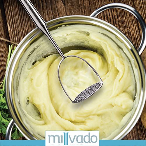 Millvado Potato Masher Stainless Steel, Best Mashed Potatoes Masher Kitchen Tool, Potato Smasher For Potatoe, Avocado, Sweet Potato, Beans, Large Heavy Duty Metal Mashing Utensil, 12.5 Inch