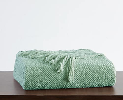 Tahari Home | James Collection | Green Solid Chenille Woven Fringe Throw, 50" x 60"