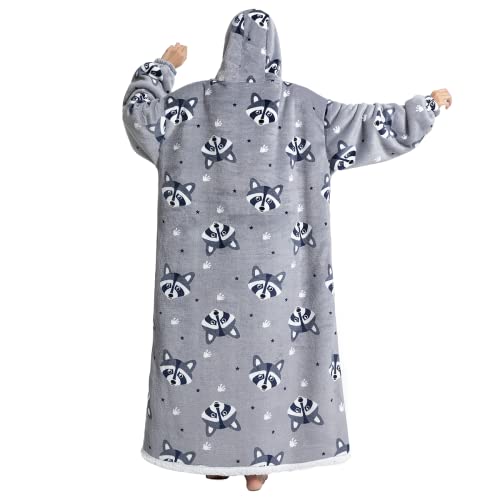 AIFLM Oversized Wearable Blanket Hoodie for Women Men Cute and Funny Patterns Hoodie Sweatshirt Blanket Cozy Warm Hoodie Blanket（Racoon,Lengthening)